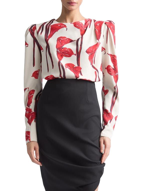 CAROLINA HERRERA Carolina Herrera Floral Draped Puff Shoulder Blouse
